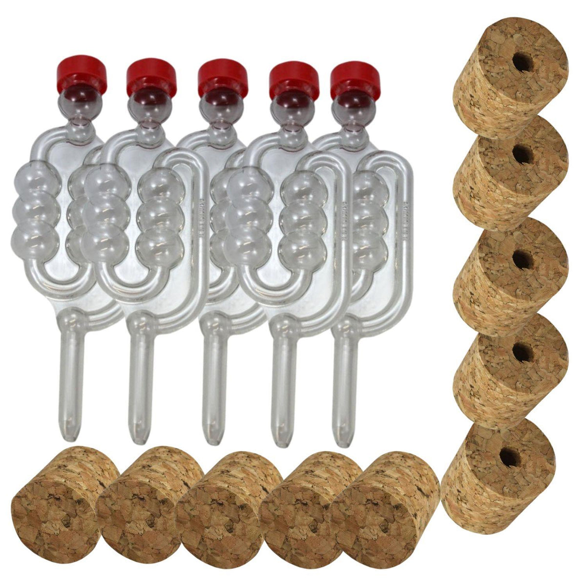 5x Fermentation Bubbler Airlocks, 5 Bored Cork Bungs, 5 Solid Cork Bun ...